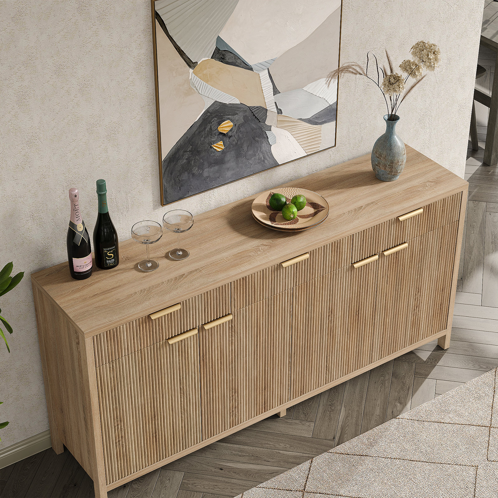 Ebern Designs 66" W Fluted Buffet Cabinet, Sideboard With 3 Drawers & 2 Cabinets,Storage Cabinet ...